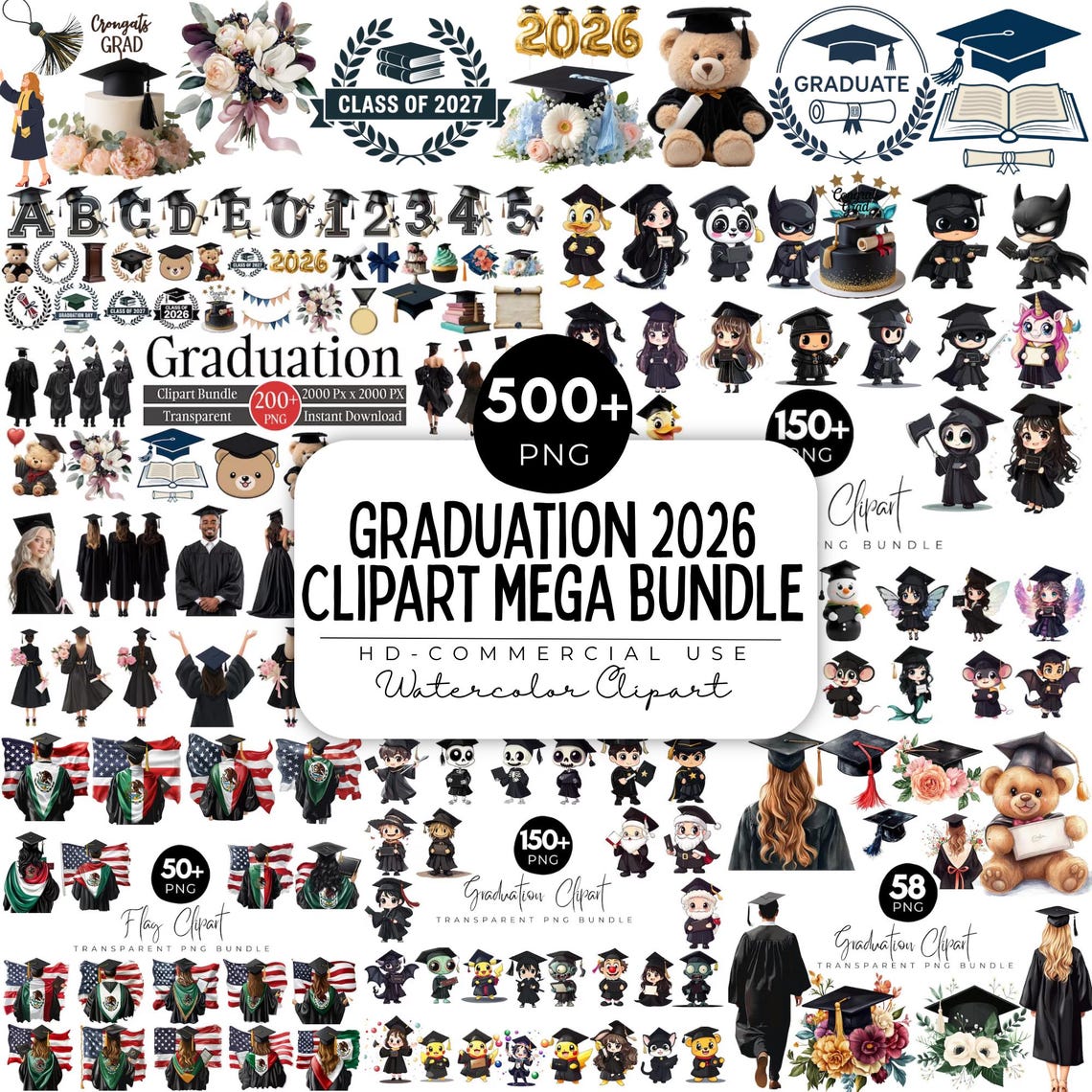Graduation 2026 PNG Clipart Mega Bundle, Watercolor Class of 2026 ...