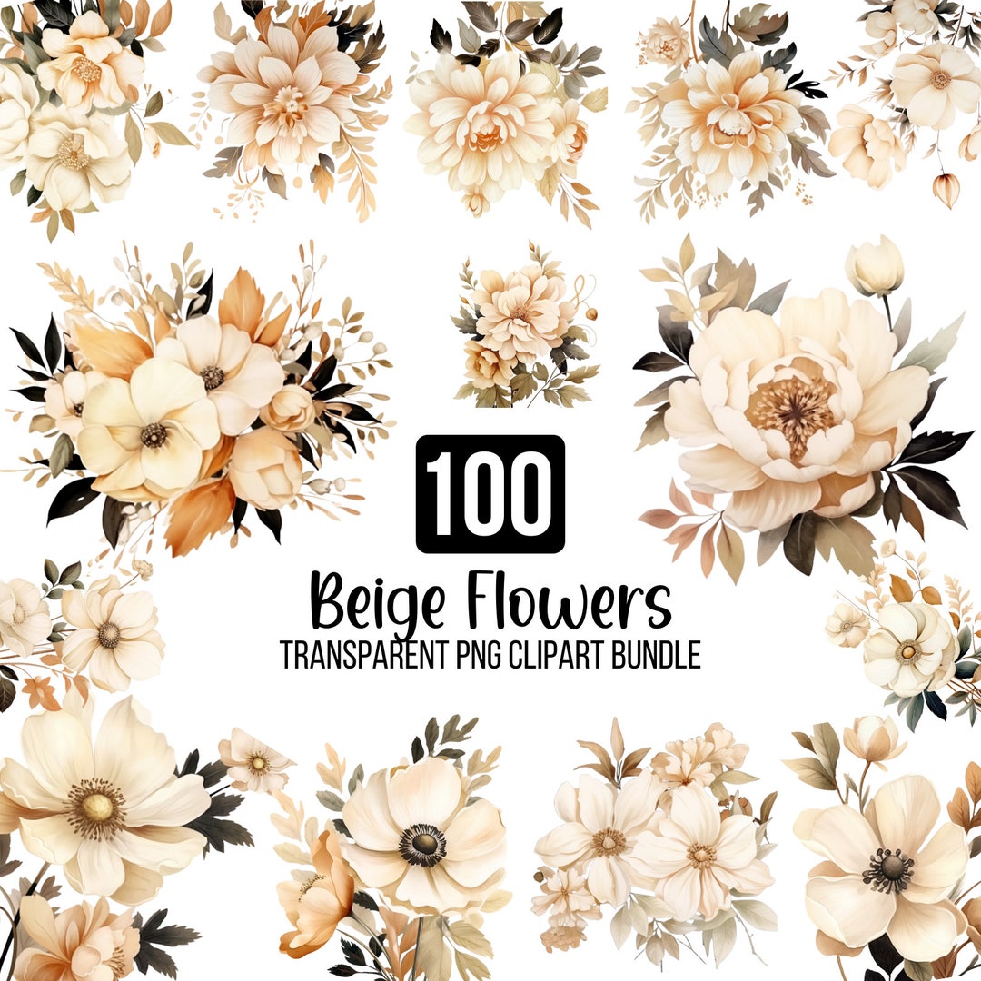 100 Beige Flowers PNG Bundle, Bohemian Floral Bouquets, Watercolor ...