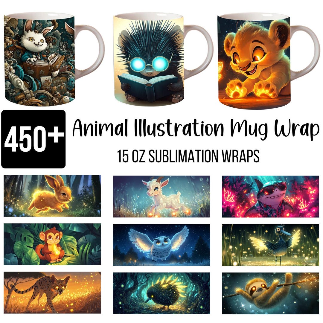 450+ Animals Illustration Mug Wraps, 15 Oz Lion Owl Panda Mug Wrap ...