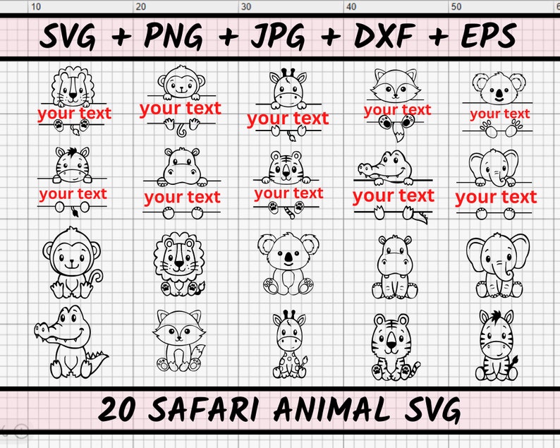 Safari Animals Outline SVG Split Safari Animals Outline - Etsy