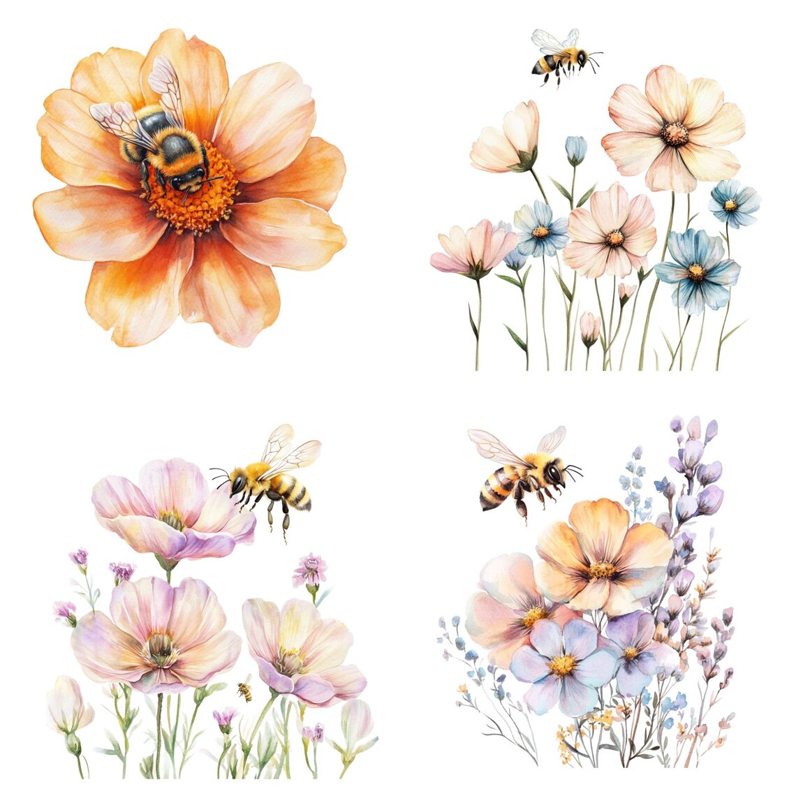 48 Bees and Flowers Clipart Bundle, Watercolor Floral Bee Pngs ...