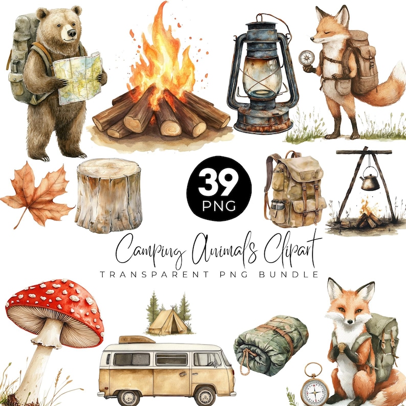 39 Camping Animals PNG Clipart Bundle, Watercolor & Cartoon Forest Bear ...