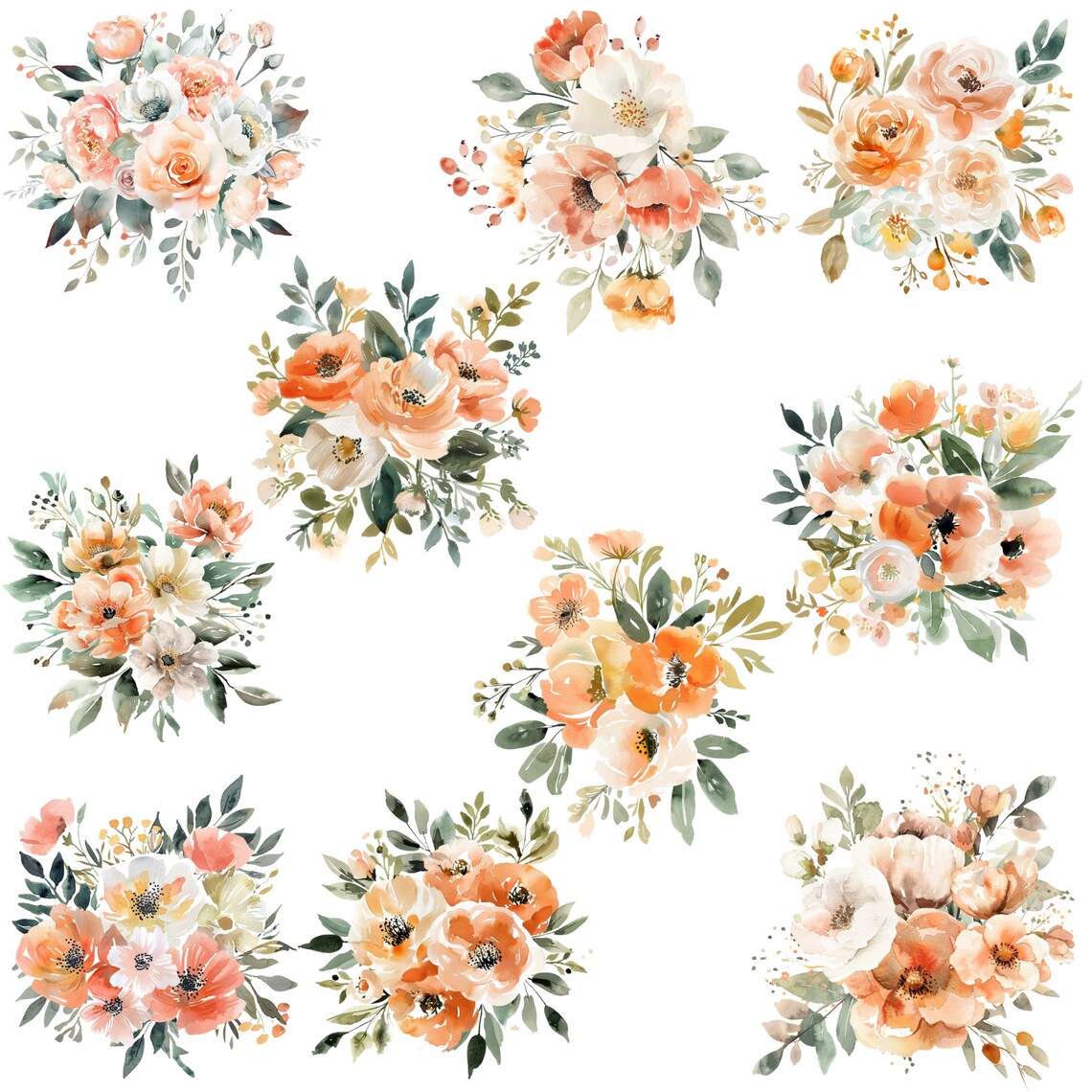 Watercolor Peach Floral Clipart, Peach Flower Png Bundle, Blush Floral ...