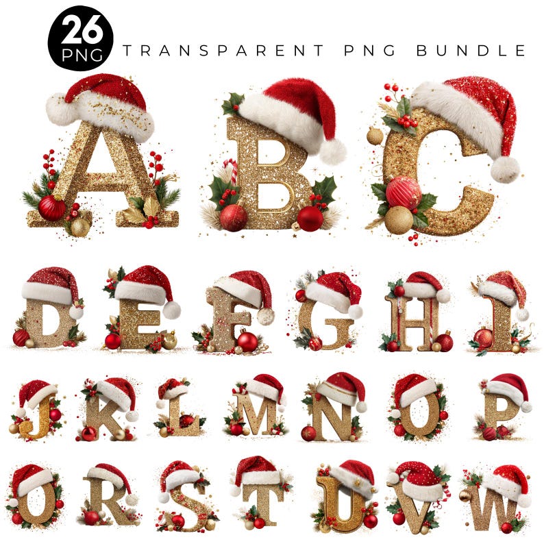 Christmas Glitter Alphabet PNG Bundle, Festive Christmas Letters ...