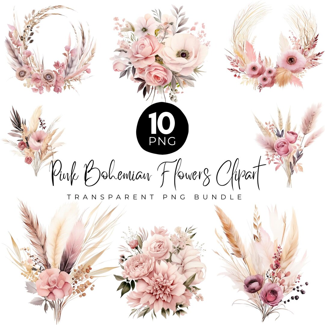Pink Bohemian Floral Clipart Png, Bohemian Clipart, Floral Watercolor ...