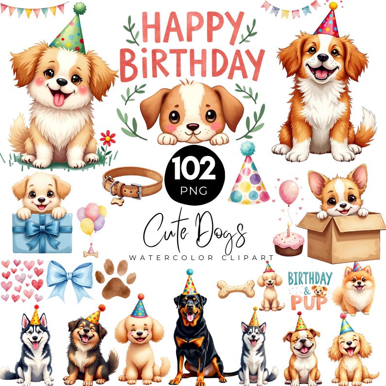 102 Cute Dogs Clipart Bundle, Watercolor Birthday Party Png,pastel ...