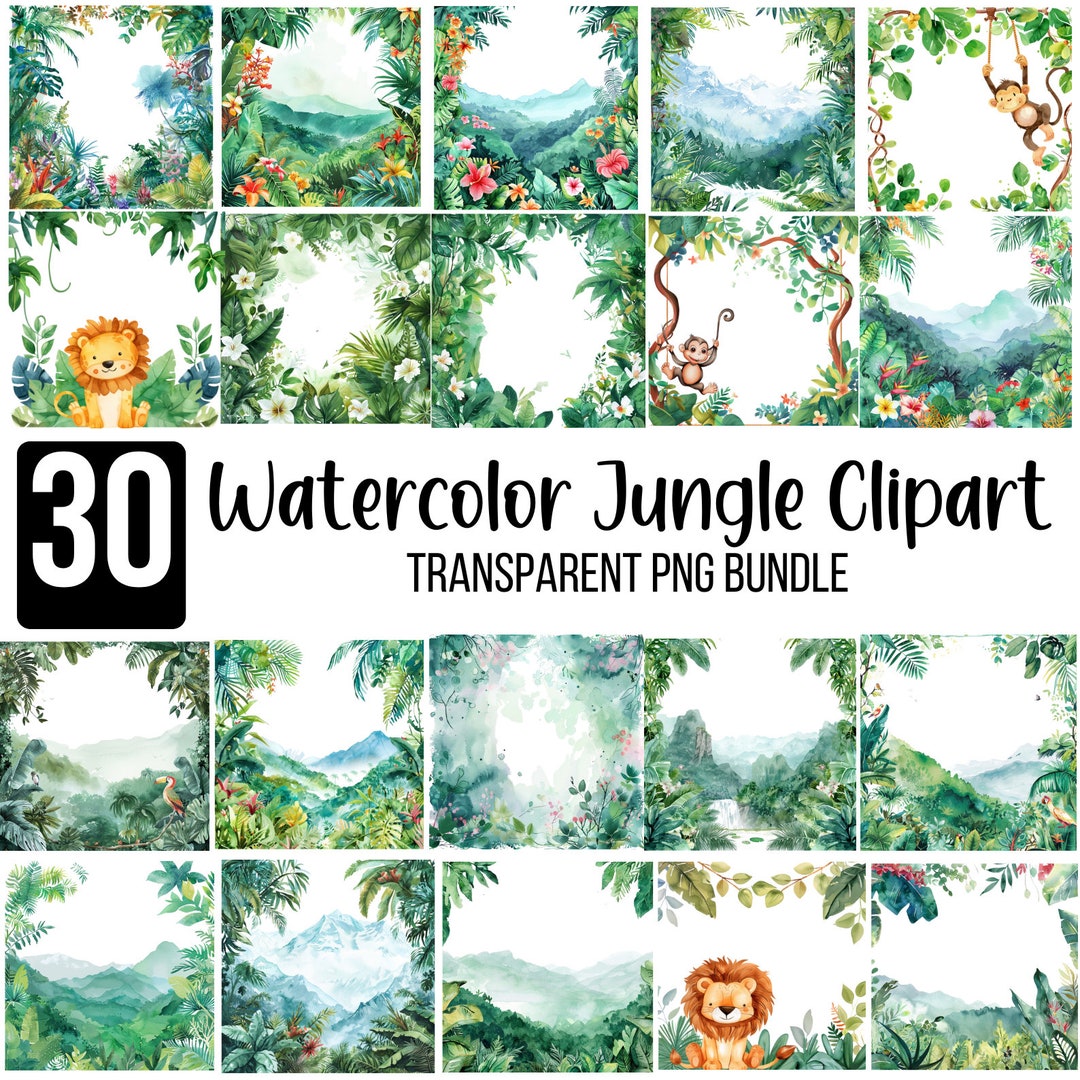 Watercolor Jungle Clipart PNG Bundle, Watercolor Jungle Printable Paper ...
