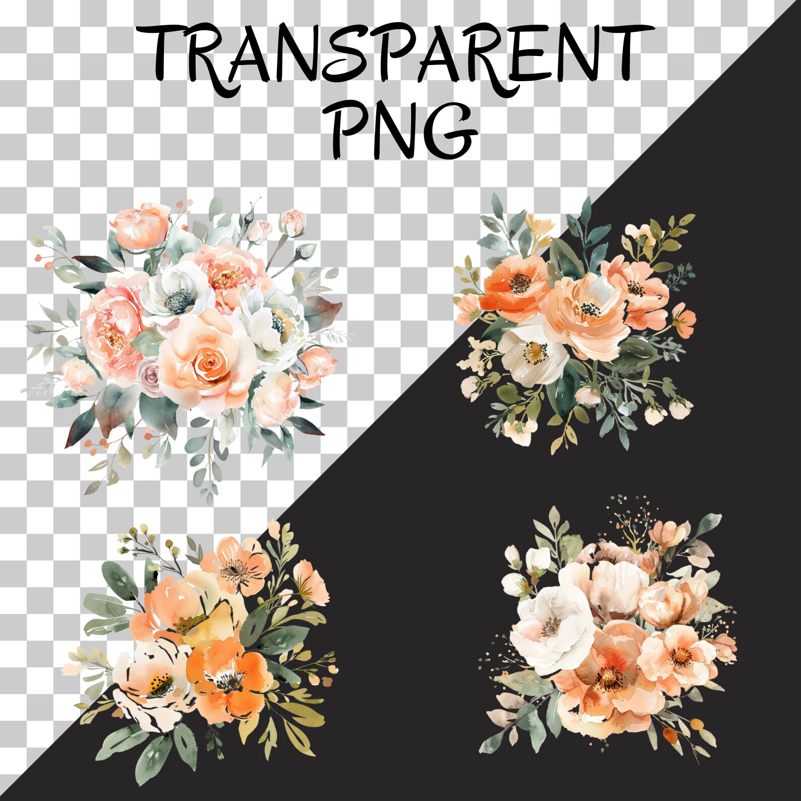 Watercolor Peach Floral Clipart, Peach Flower Png Bundle, Blush Floral ...