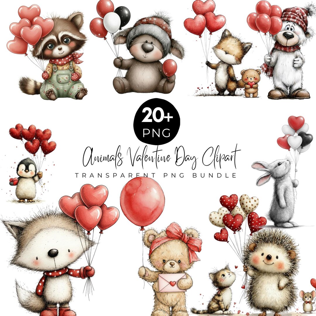 Valentine’s Day Clipart PNG Bundle, Whimsical Love Animals, Heart ...