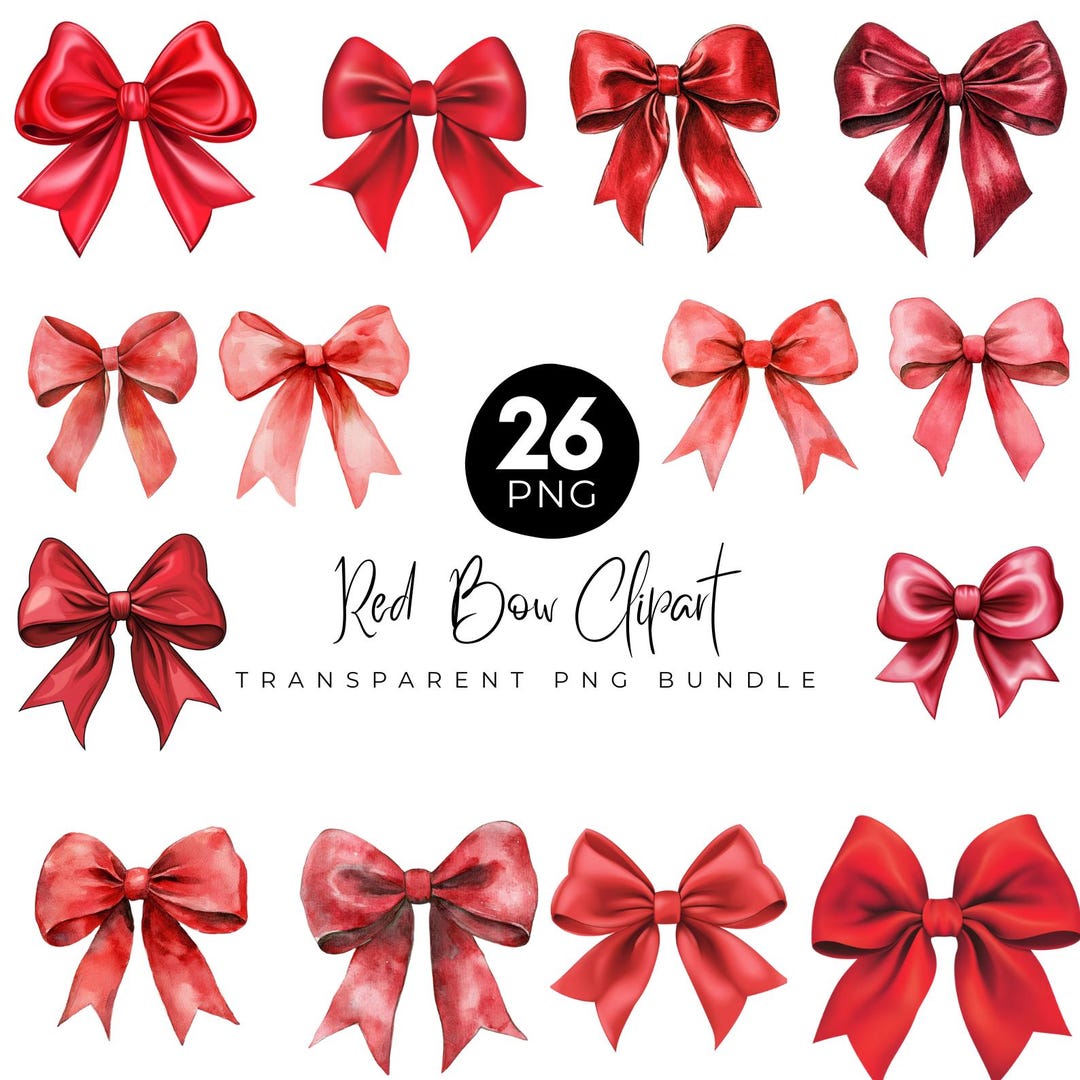 26 Watercolor Red Bows Clipart PNG Bundle, Coquette Bow Clipart, Cute ...