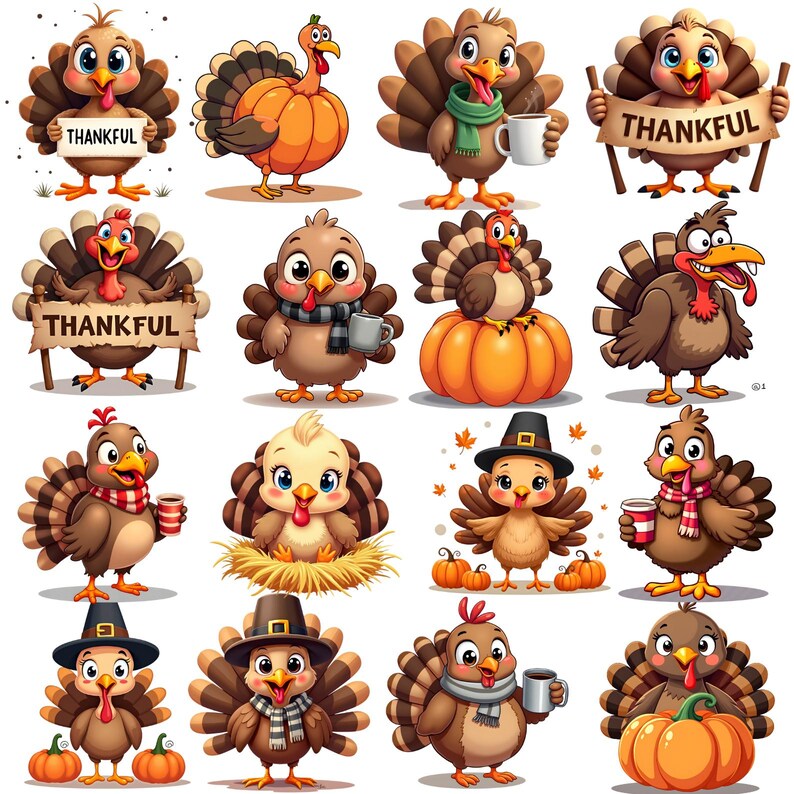 Happy Thanksgiving Clipart Bundle, Happy Turkey Day PNG, Fall Harvest ...