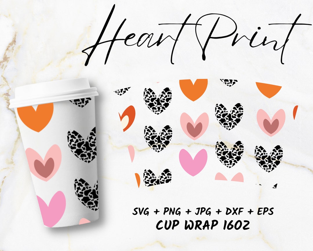 No Hole 16oz. Heart Pattern Cup Wrap Svg, 16o.z Hot Cup Wrap Svg, 16oz ...