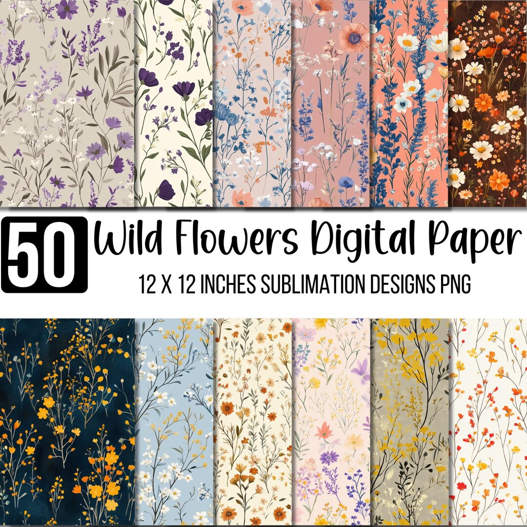 50 Wildflower Digital Paper Bundle, Floral Seamless Patterns ...