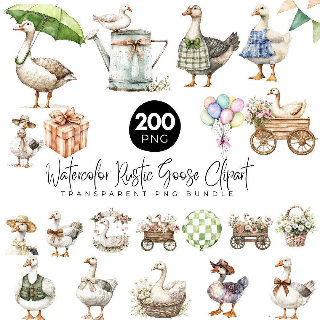 200 Watercolor Rustic Goose Clipart Bundle, Silly Goose PNG ...
