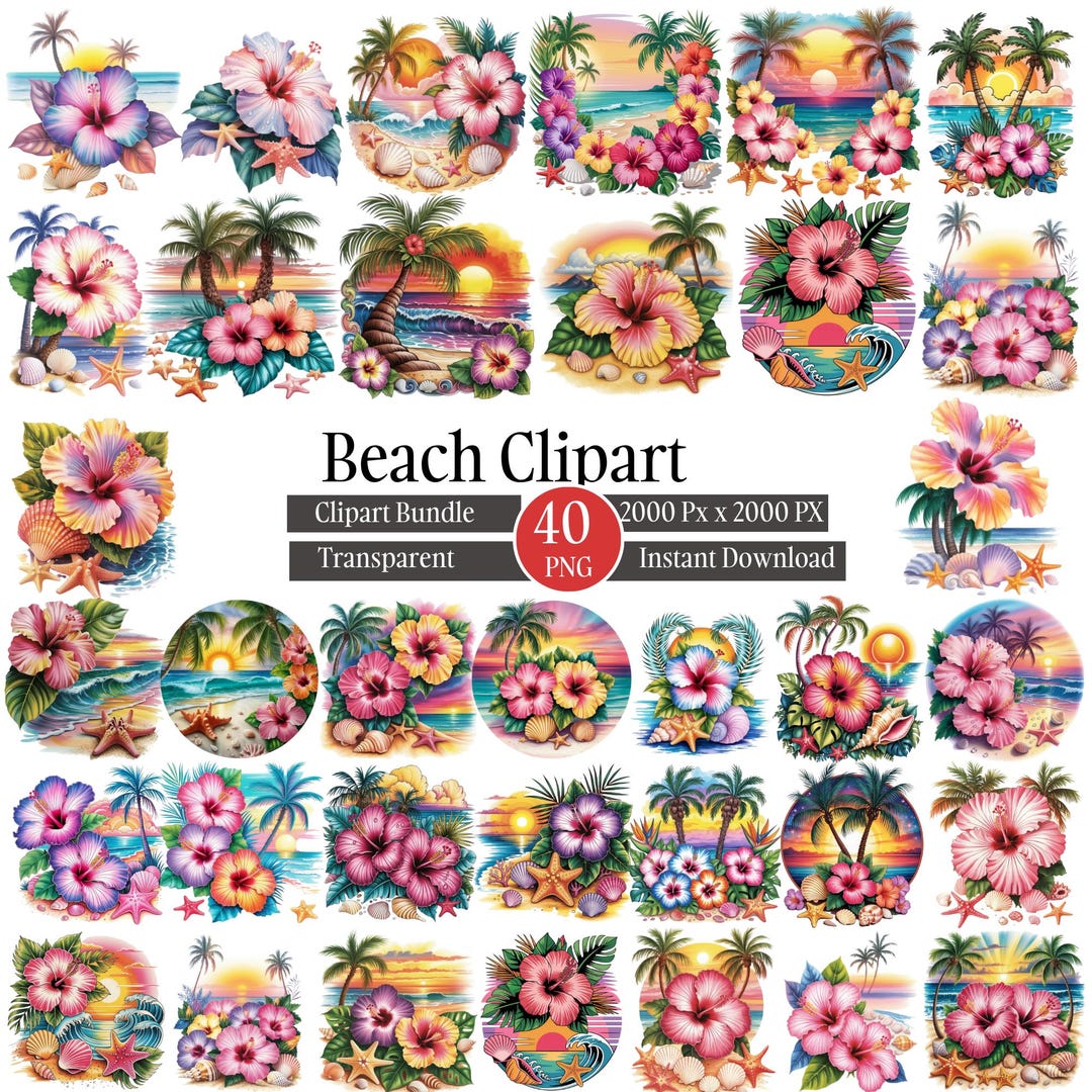 40 Beach Clipart PNG Bundle, Summer Ocean Illustration, Tropical Beach ...