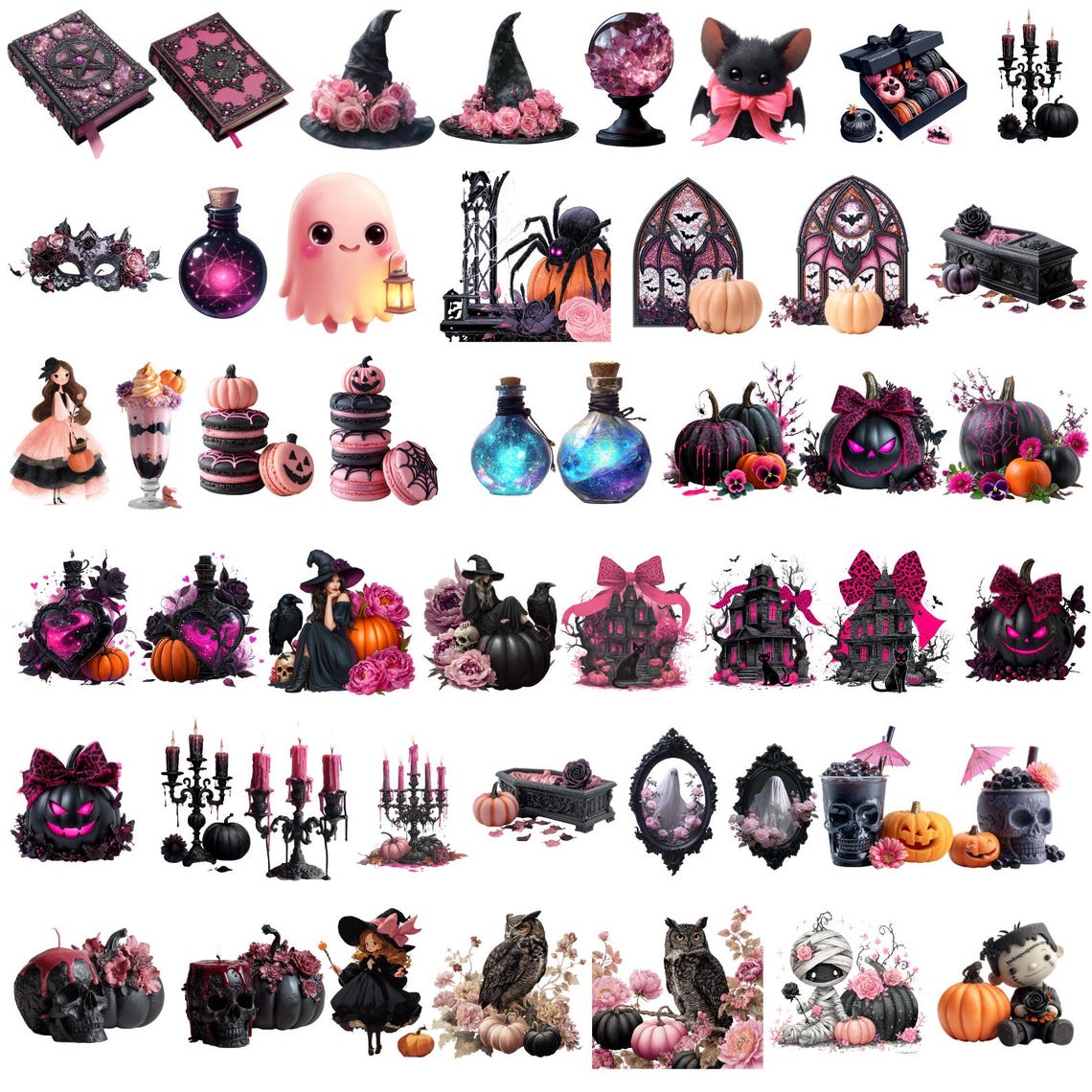 100 Pastel Goth Halloween PNG Bundle, Pink and Black Halloween Clipart ...