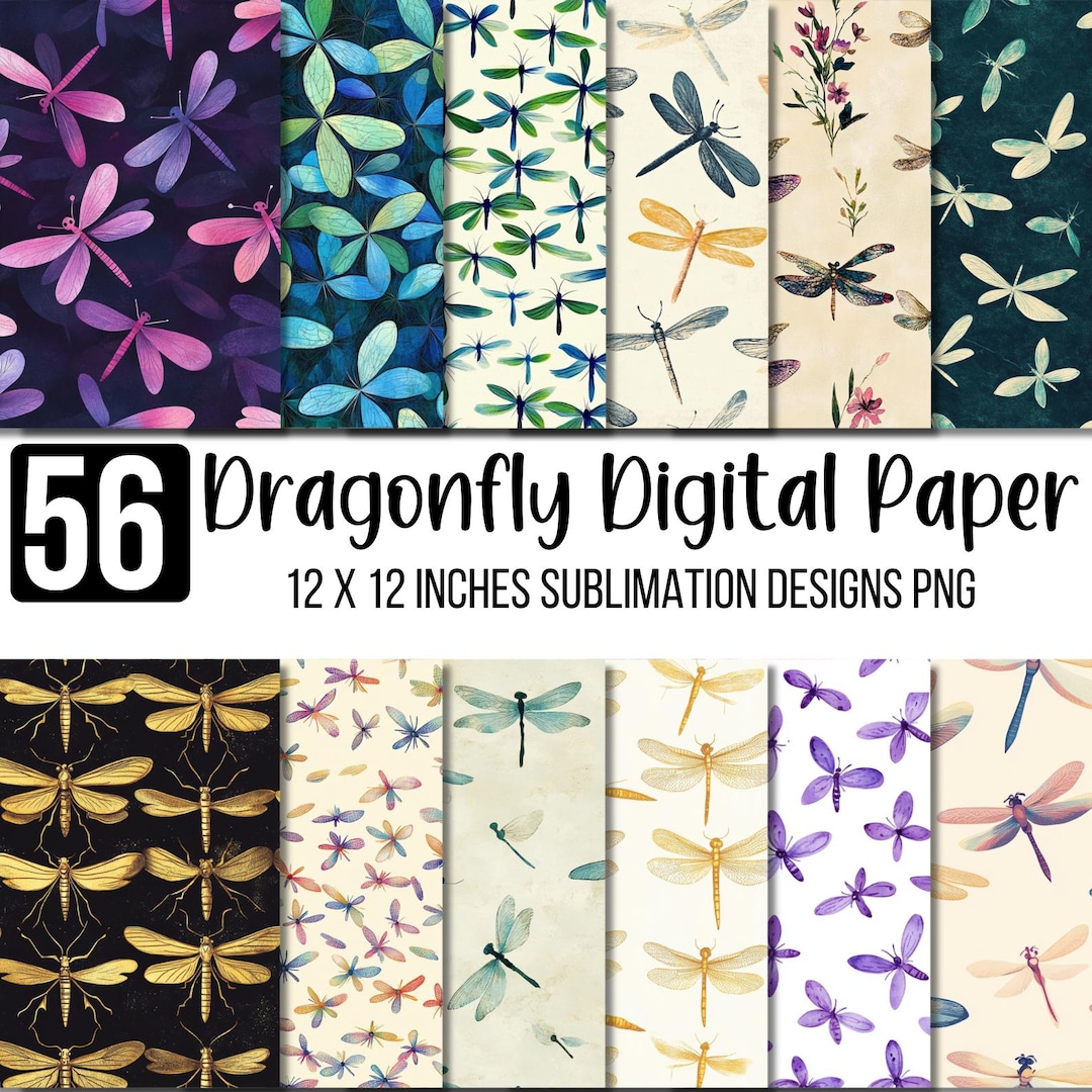 56 Dragonfly Digital Paper PNG Bundle, Watercolor Digital Paper ...