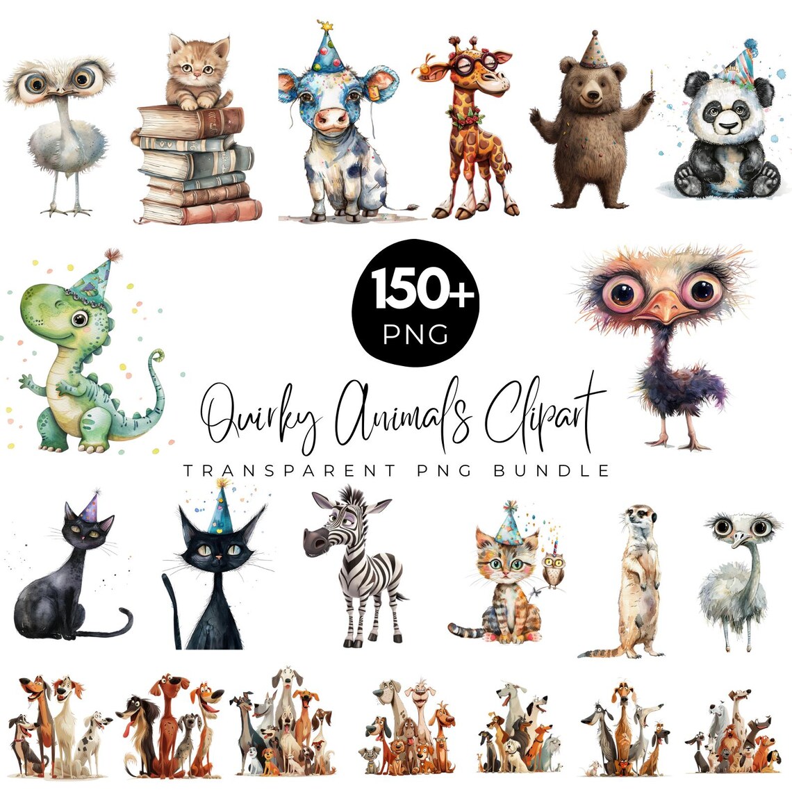 Quirky Animals Png Bundle, Quirky Dog Cat, Quirky Farm Animals ...