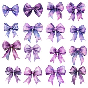55 Watercolor Purple Bows Clipart PNG Bundle, Coquette Bow Clipart ...