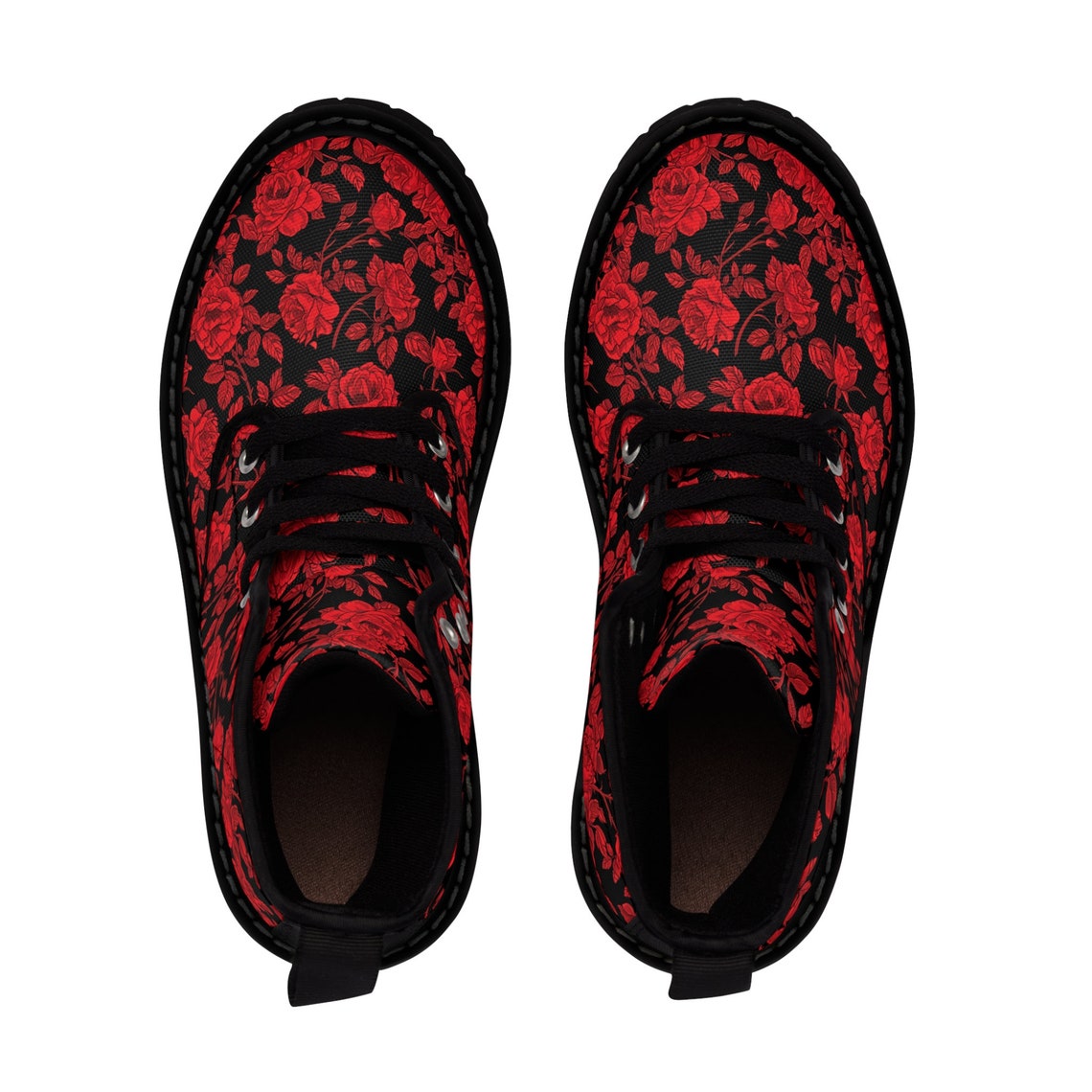 Red Rose Print Women's Combat Boots - Bold Floral Wide Fit Faux Leather ...