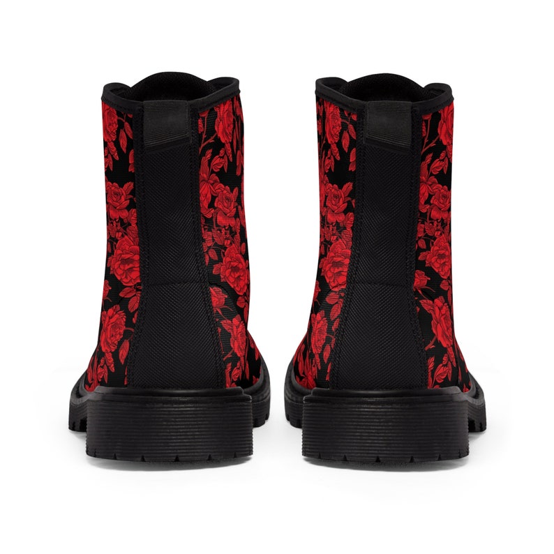 Red Rose Print Women's Combat Boots - Bold Floral Wide Fit Faux Leather ...