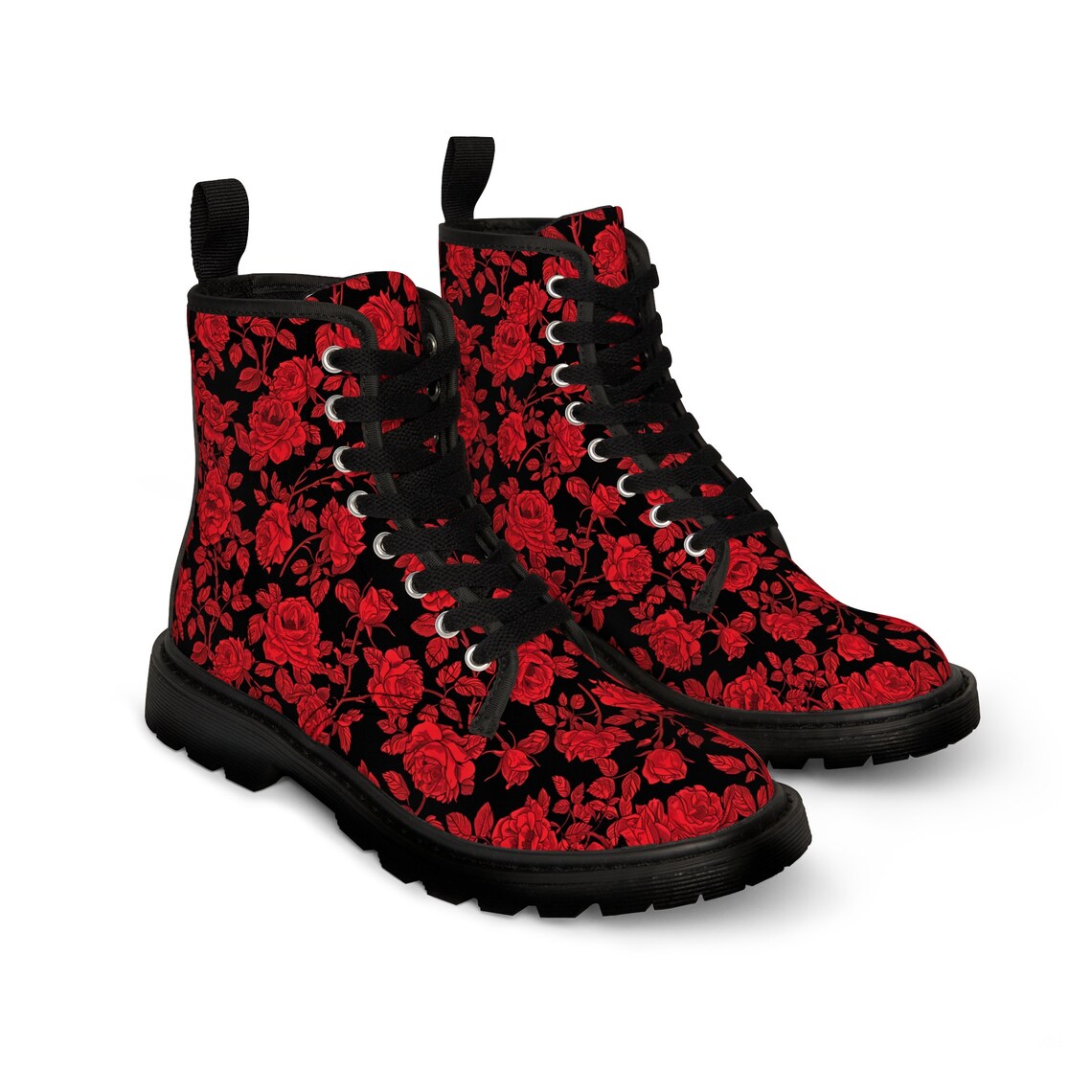 Red Rose Print Women's Combat Boots - Bold Floral Wide Fit Faux Leather ...