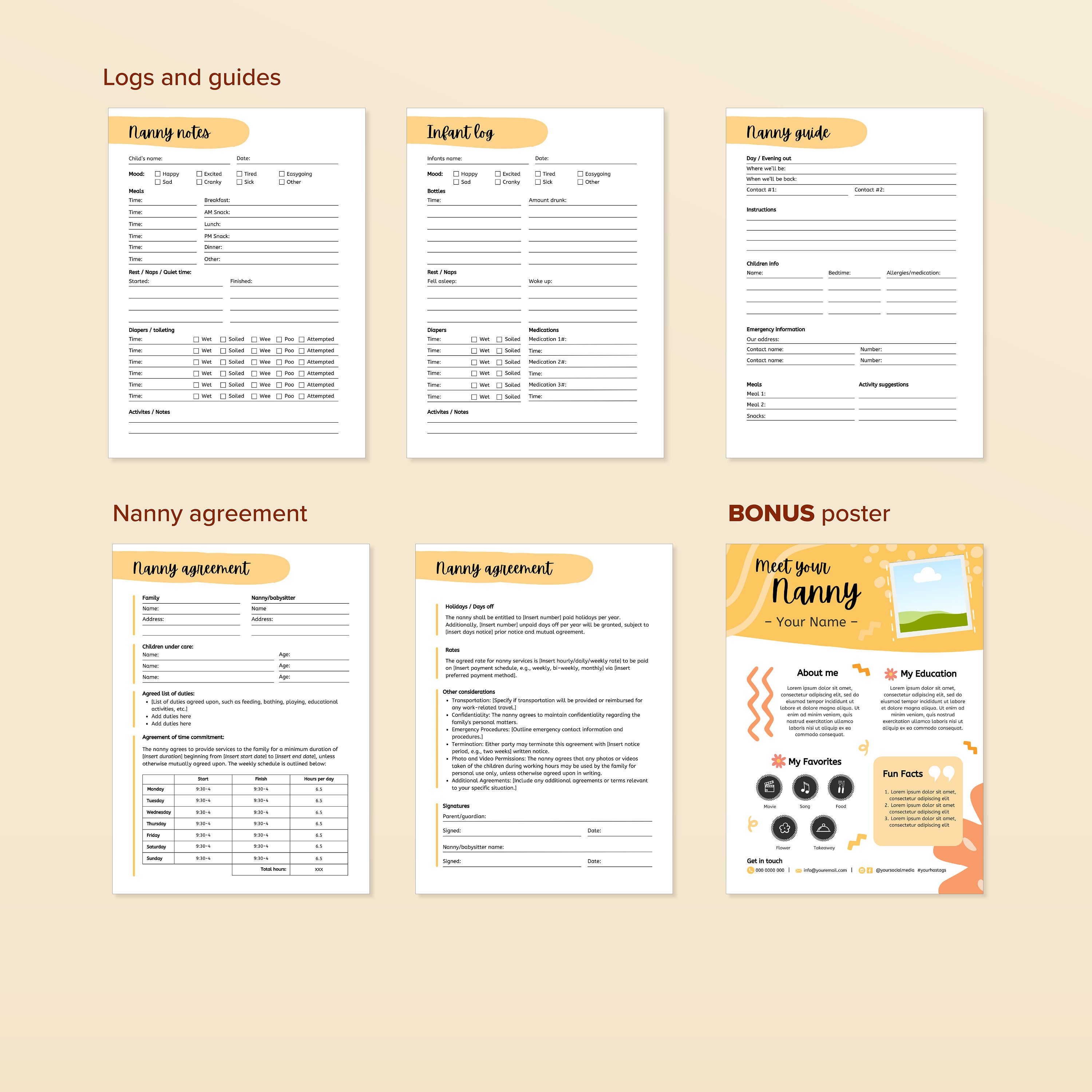 Nanny Binder Printer, Emergency Binder, Nanny Agreement, Infant Daily ...