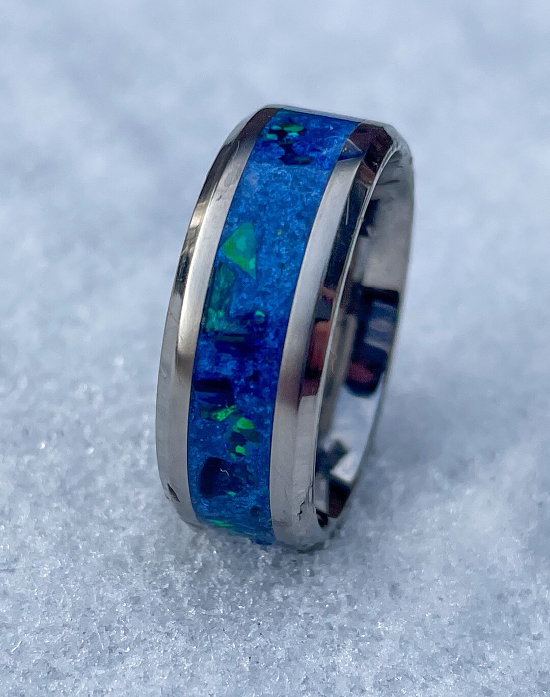8mm Titanium Ring With Blue Inlay/green Opal, Wedding Band, Engagement ...