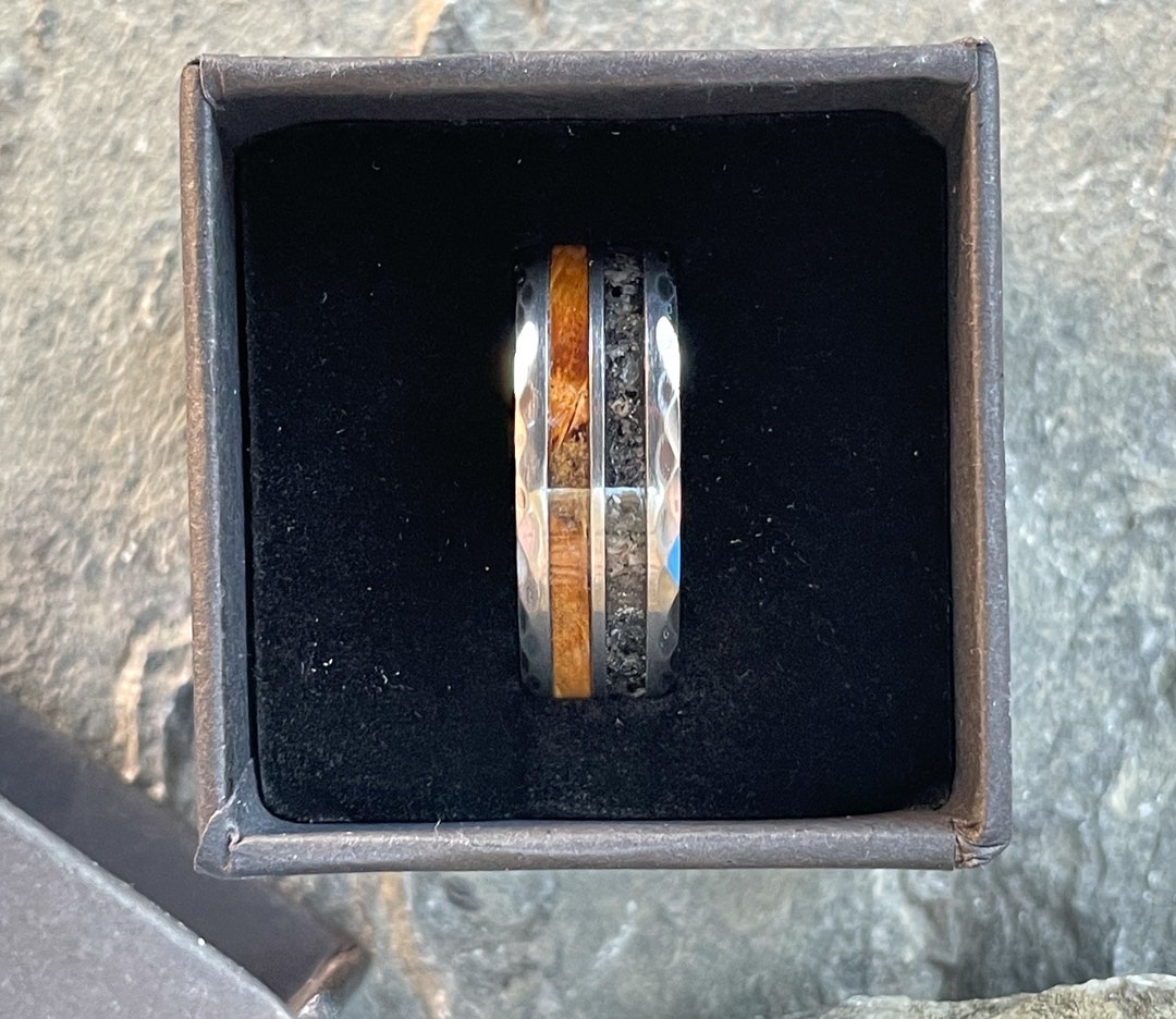 Custom Dirt Inlay Tungsten Ring: Hammered Whiskey Barrel, Memorial Ring ...