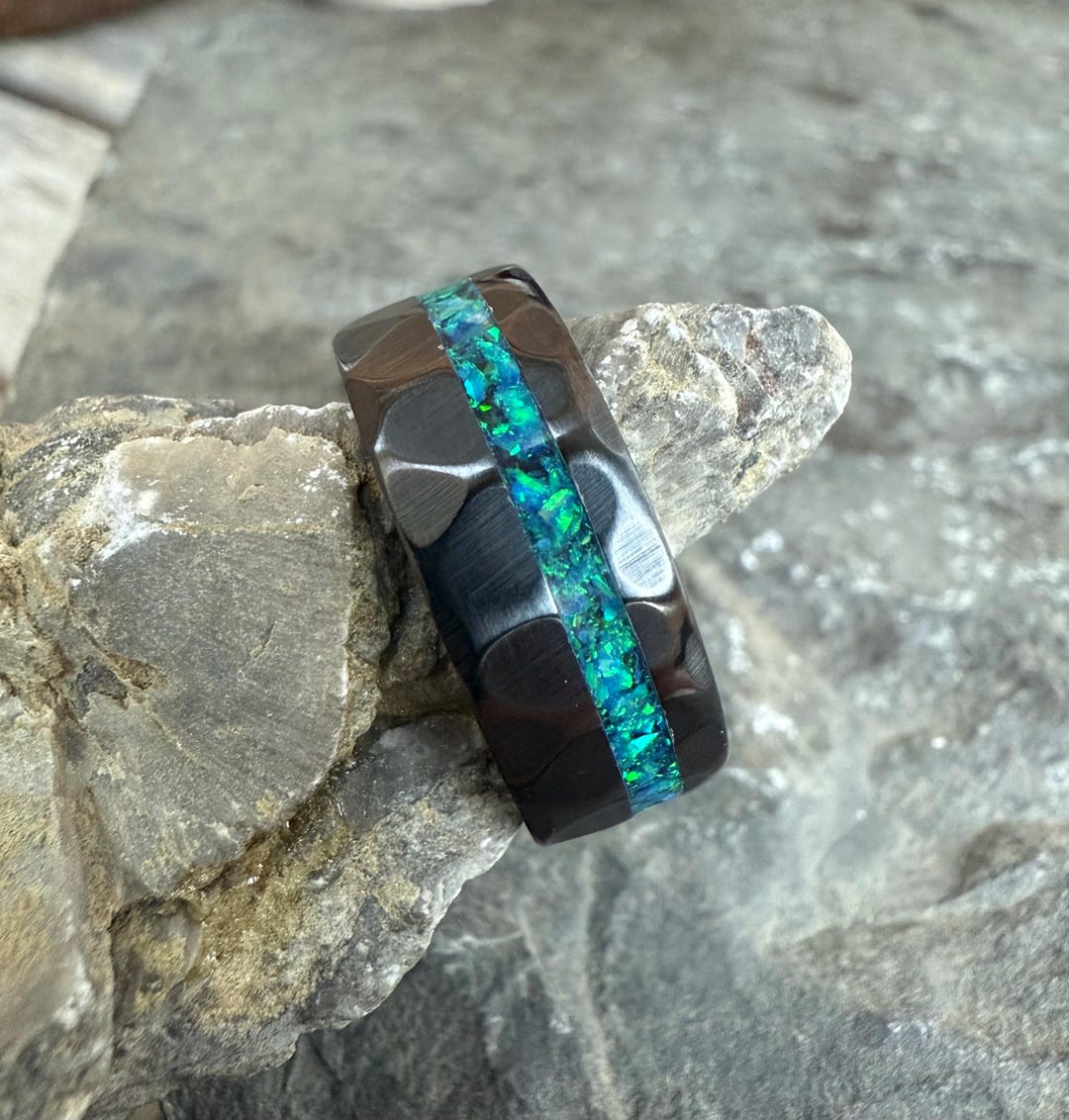 8mm Thin Blue Line Ring – Hammered Black Ceramic Police Ring With ...