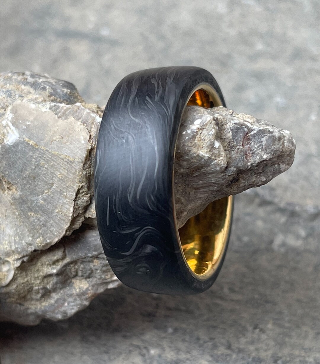 8mm Carbon Fiber Ring, Forged Carbon Fiber and Plated Yellow Gold Ring ...