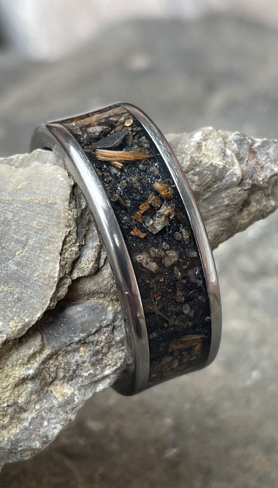 Custom Tungsten Ring: Rock and Wood Inlay, Personalized Wedding Band - Etsy
