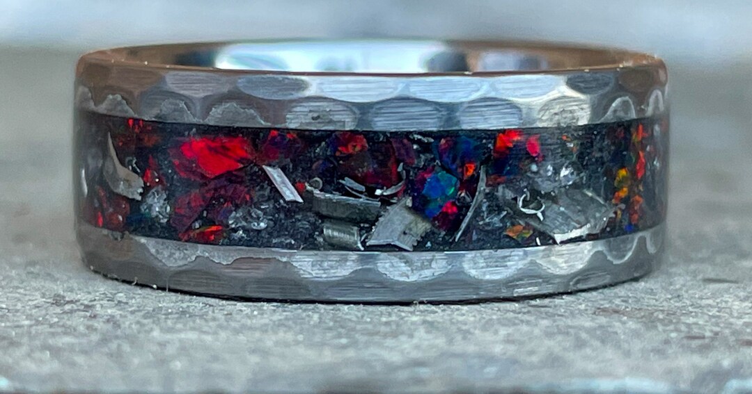 Hammered Tungsten Cremation Ring: Meteorite, Opal & Ash Inlay - Etsy