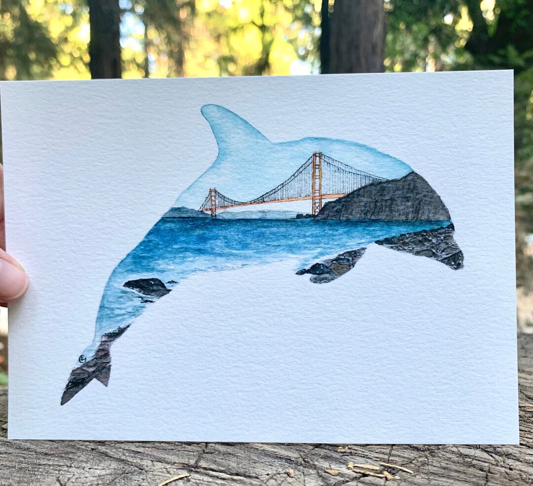Golden Gate Bridge Dolphin Watercolor Print or Sticker of Hand-painted ...