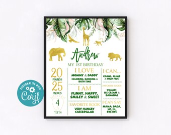 Editable Jungle Gold Milestone Birthday Poster, Safari Animals Birthday ...