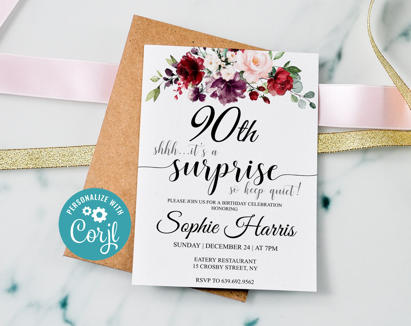 Editable Surprise 90th Birthday Invitation, Burgundy Birthday ...