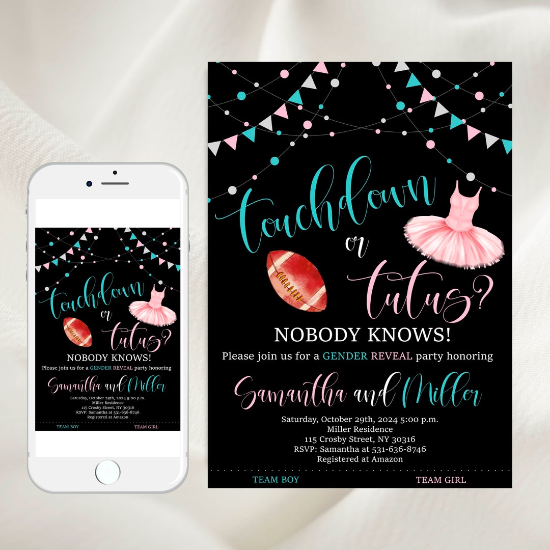 Editable Touchdown or Tutus Gender Reveal Invitation, Boy or Girl ...