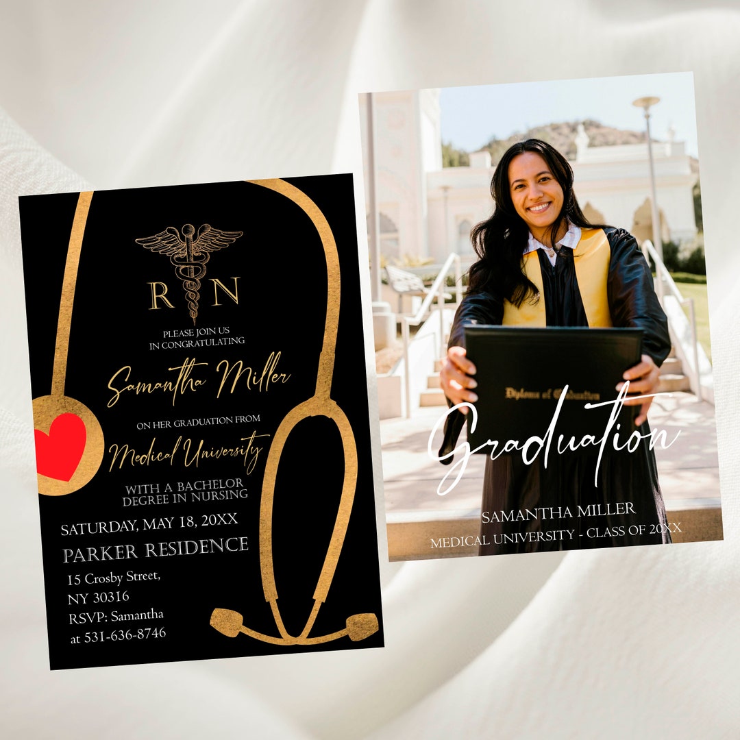 Editable Nursing Graduation Invitation, Black & Gold Nursing Graduation ...