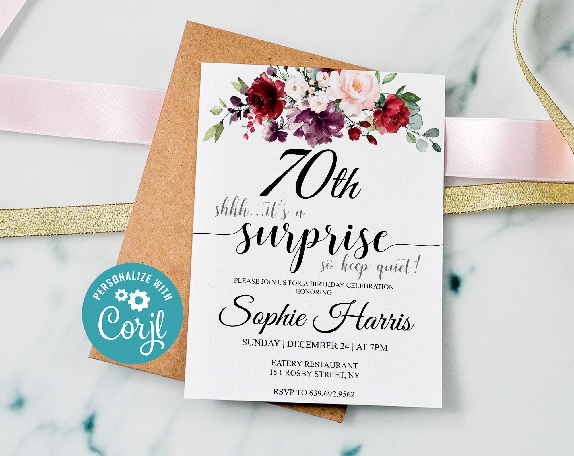 Editable Surprise 70th Birthday Invitation Burgundy Birthday 