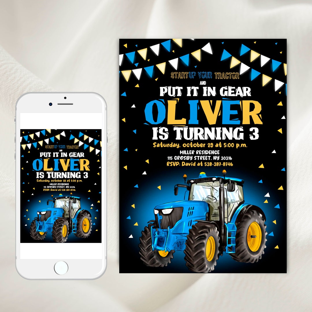 Editable Tractor Invitation, Blue Tractor Birthday Invitation, Blue ...