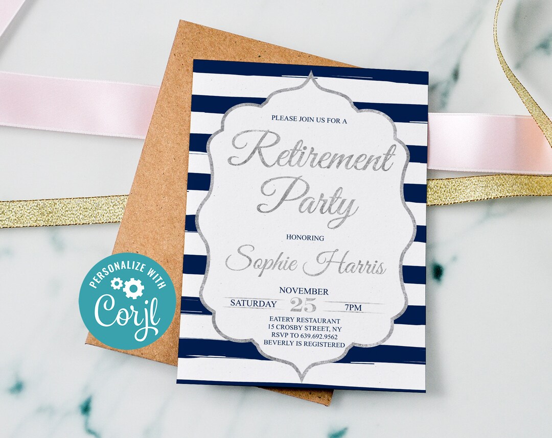 Editable Elegant Navy Retirement Invitation, Printable Silver & Navy ...