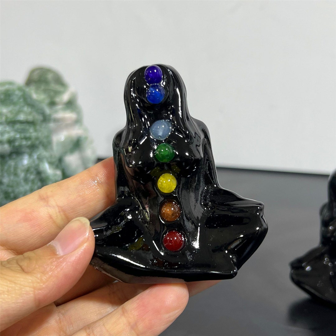 Obsidian 7 Chakra Goddess Sculpture: Hand-carved Crystal Healing Model ...