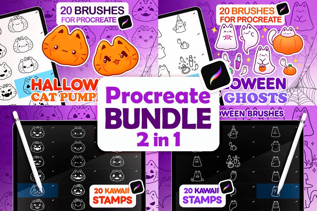 Halloween Brushes Procreate | 40 Kawaii Bundle Brushes | Cute Pumpkin ...