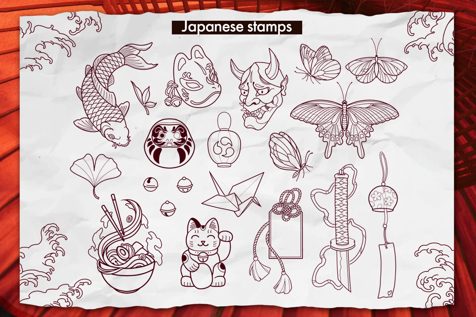 30+ Procreate Japanese Tattoo Stamp Brushes: Kitsune, Koi, Sakura ...