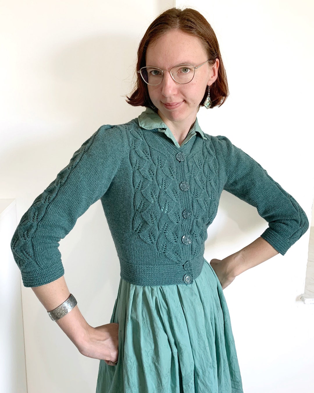 Custom 1940s Cardigan With Ginkgo Leaf Lace and Puff Shoulders - Etsy