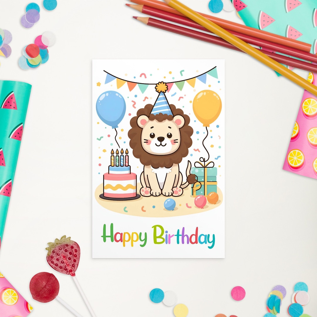 Lion Birthday Card, Lion Postcard, Cute Lion Happy Birthday Card, Lion ...