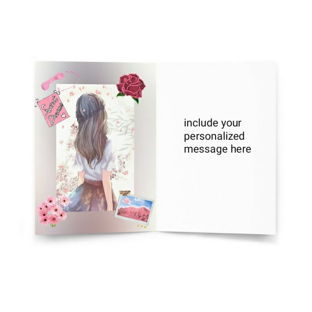Flower Anime Girl Card, Cute Girl Gift Card, Girl Personalized Greeting ...
