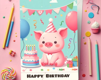 Cute Pig Birthday Card With Party Hat, Happy Birthday, Pig Gift, Cute ...