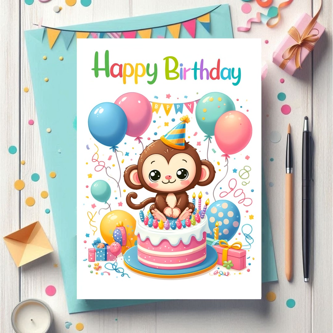 Baby Monkey Birthday Card, Monkey Birthday Invitation, Monkey Birthday ...