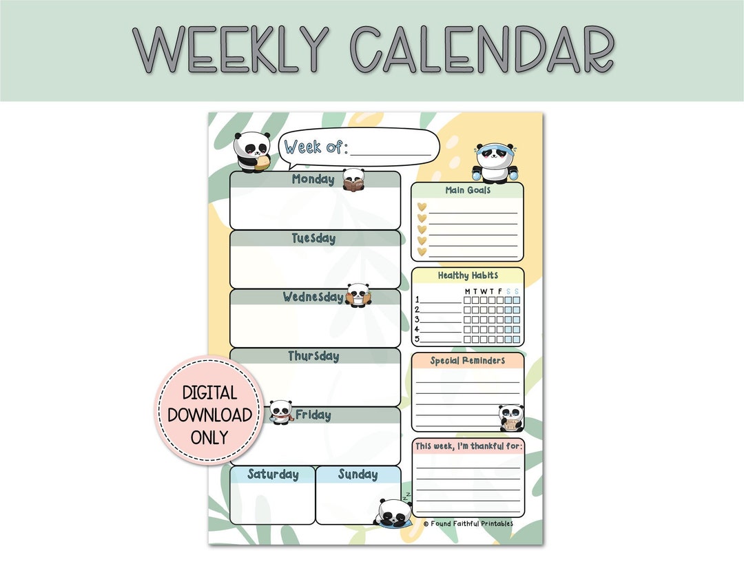 Cute Lemon Pandas Weekly Calendar Printable Non-editable PDF - Etsy